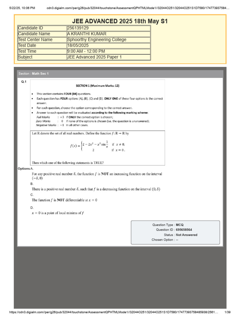 JEE Advanced 2025 Response Sheet Paper 1 | PDF | Multiple Choice | Evaluation Methods