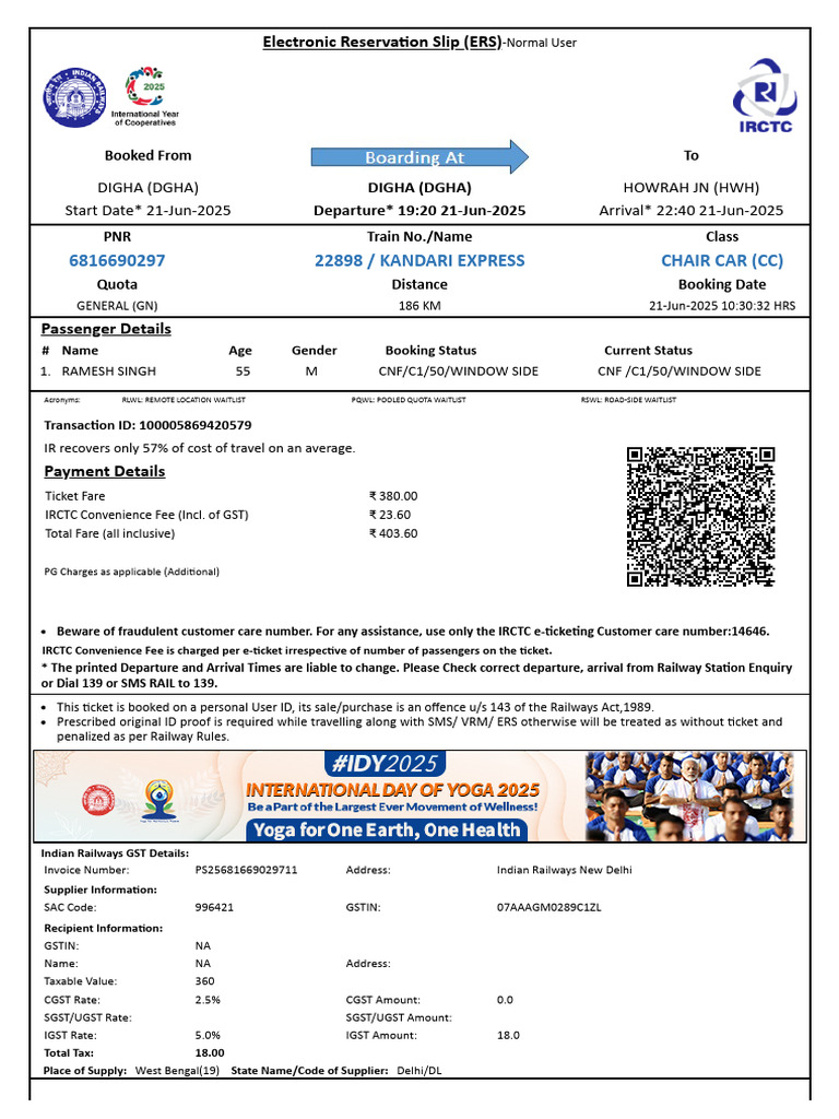 Kandari Express Chair Car (CC) : Electronic Reservation Slip (ERS) | PDF | Identity Document