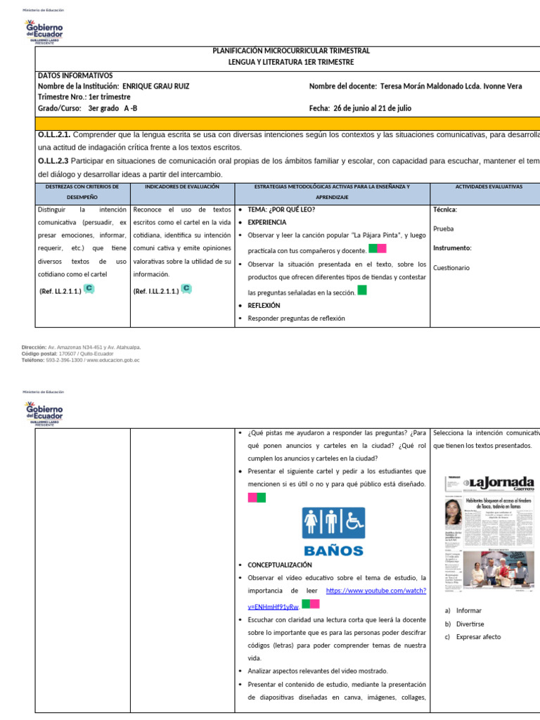 Planificación Lengua y Literatura 3er Grado | PDF | Aprendizaje | Nutrición