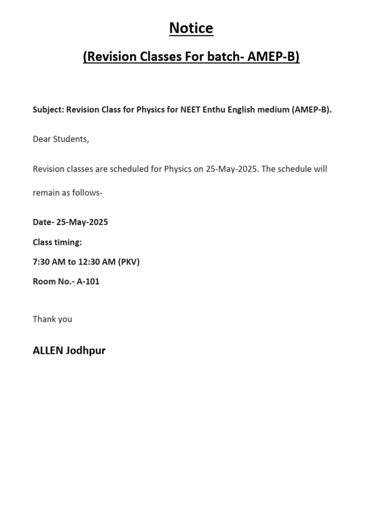 Notice: (Revision Classes For batch-AMEP-B) | PDF