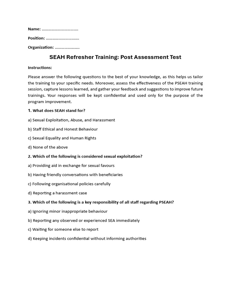 PSEAH Post Assessment Test Questions Final | PDF