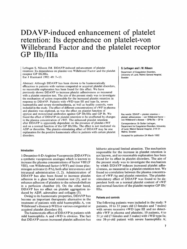 1992 Lethagen 1992 DDAVP-Induced Enhancement of Platelet | PDF ...