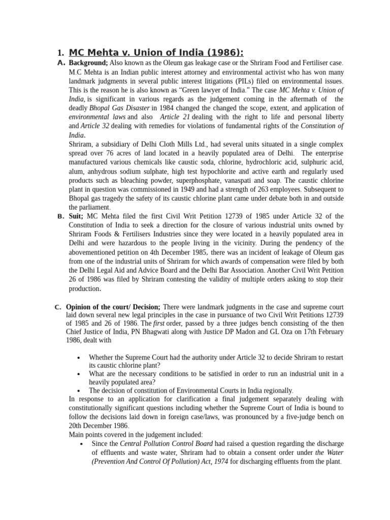 MC Mehta v. Union of India Case Summary | PDF | Judgment (Law ...