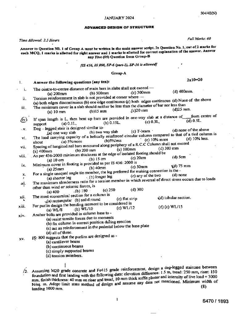 Civil 5 Sem Advanced Design of Structure 504 4e N Jan 2024 | PDF