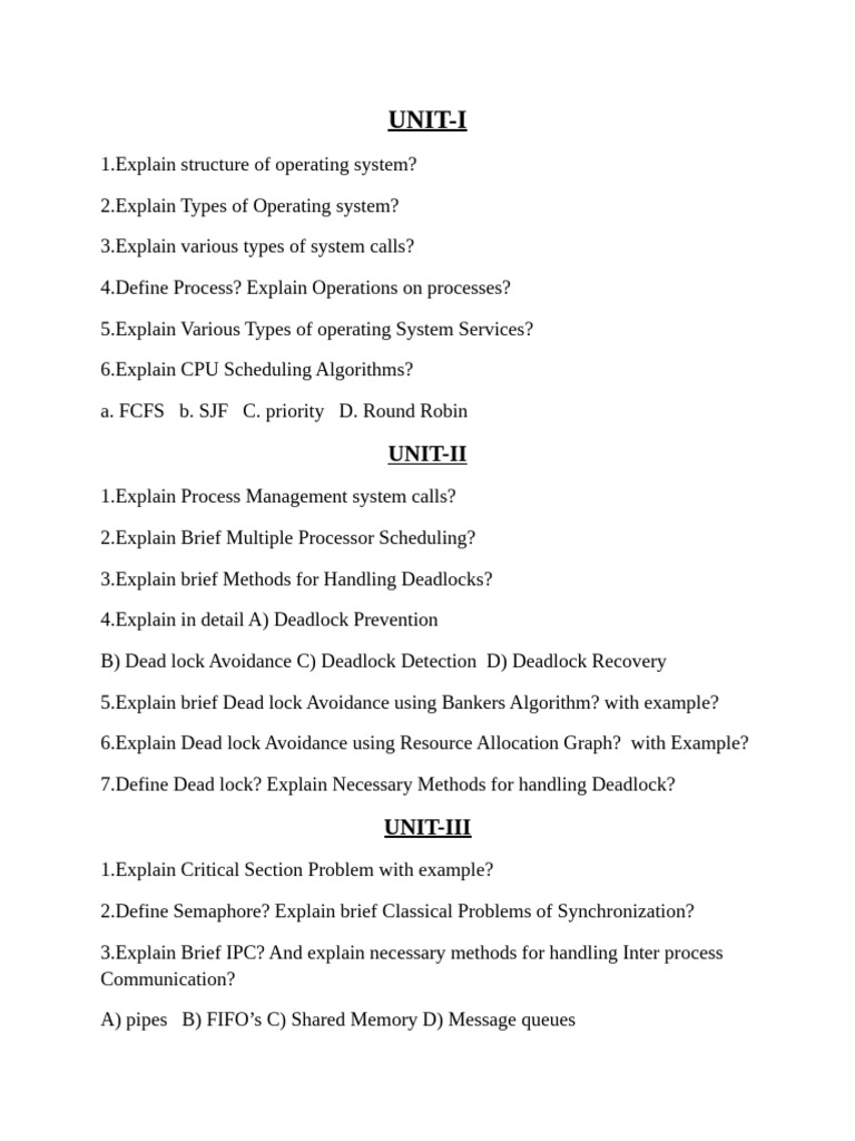 Operating System Unit Wise Important Questions | PDF