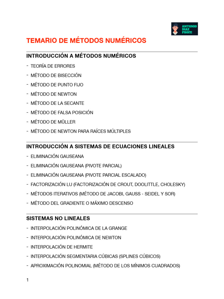 Temario Métodos Numéricos Matlab | PDF
