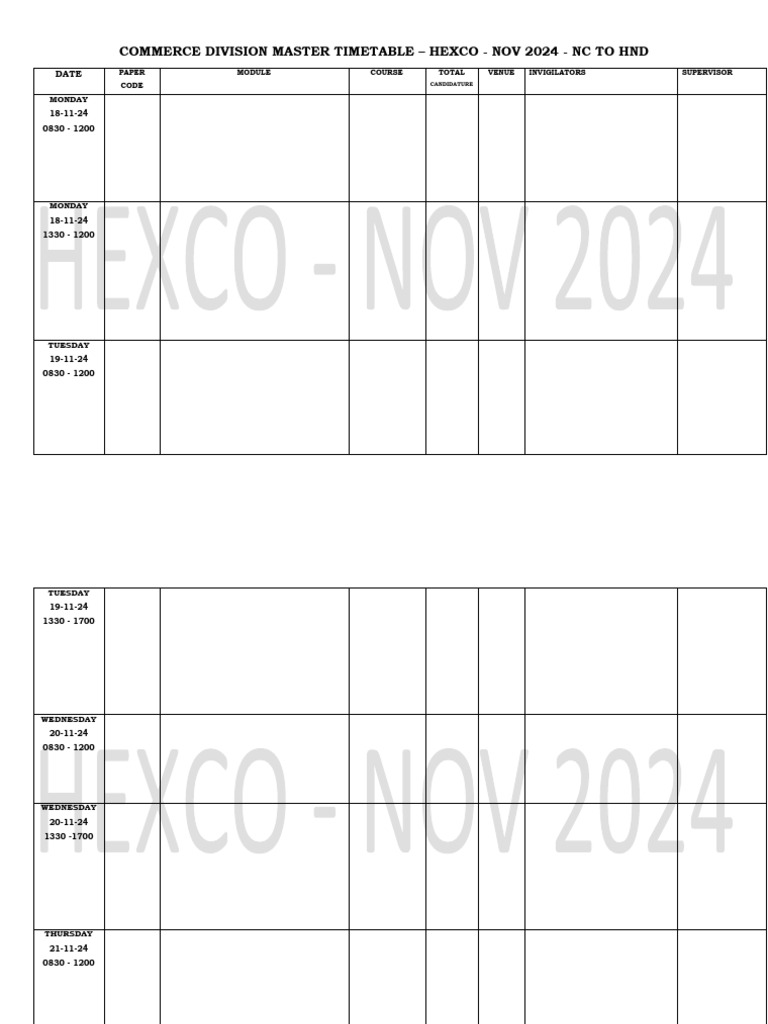 Commerce - Nov 24 - Hexco Exam - Invigilation Timetable - Updated | PDF ...