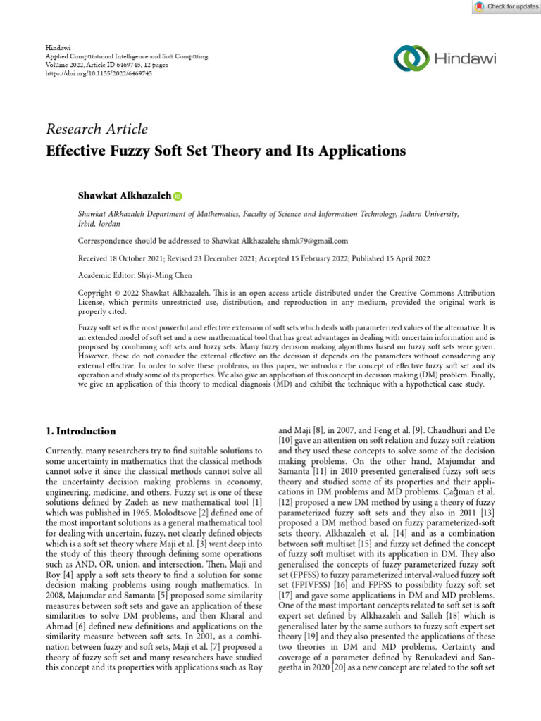 Applied Computational Intelligence and Soft Computing - 2022 - Chen - Effective Fuzzy Soft Set ...