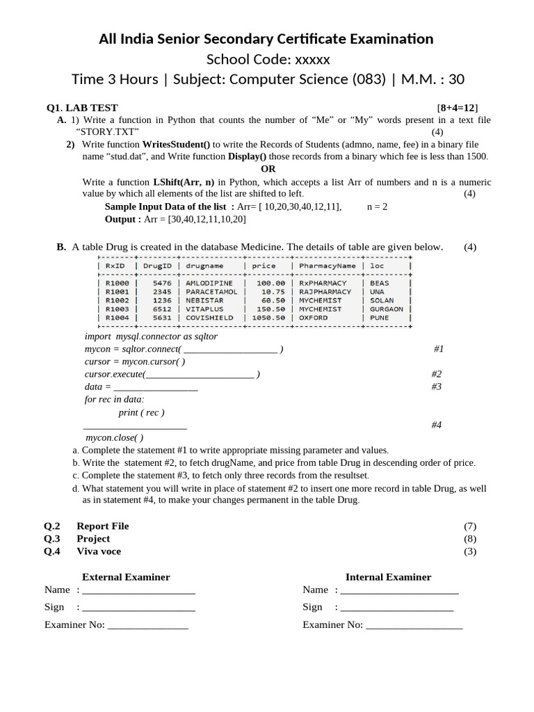 AISSCE Computer Science PRACTICALS QP 3 | PDF | Computing | Computer Programming