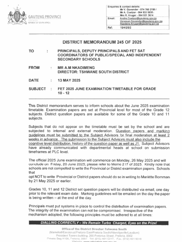 DM 245 of 2025 Fet 2025 June Examination Timetable For Grade 10-12 | PDF
