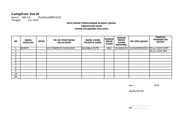 Contoh Format Rekapan Penggunaan Seri Ijazah SD Dan SMP Tahun 2025 | PDF