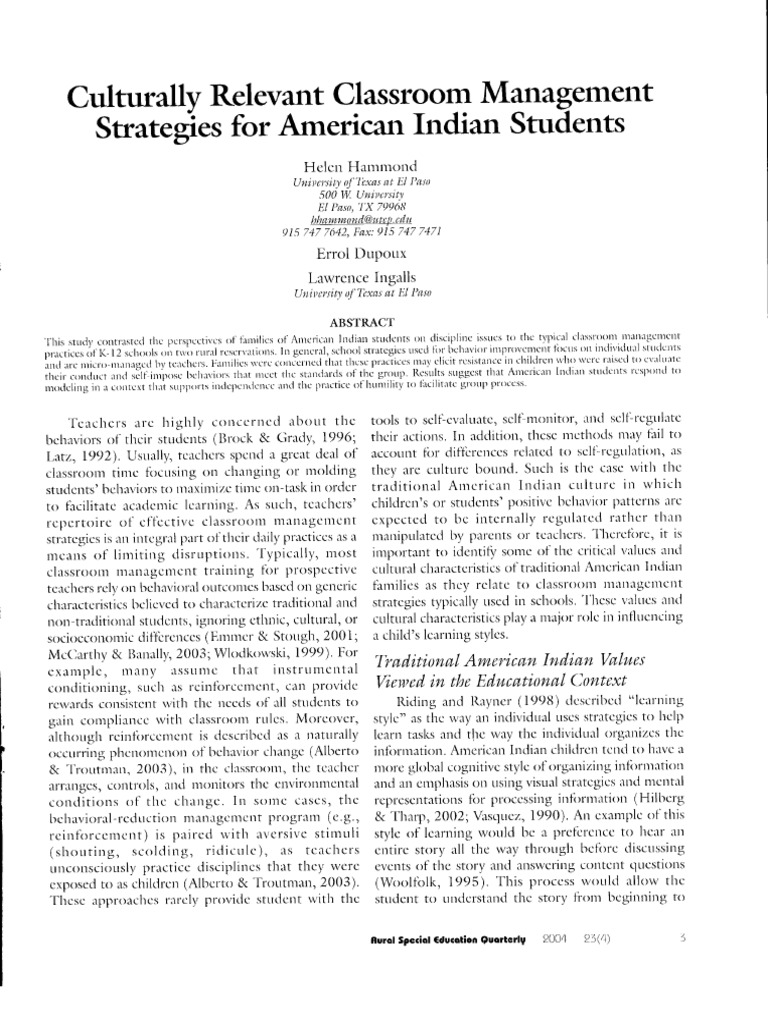 Culturally Relevant Classroom Management Strategies For American Indian ...