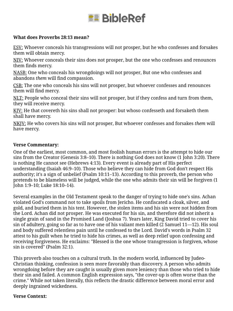 Proverbs 28 - 13 - Printer Friendly | PDF | Book Of Proverbs | Sin