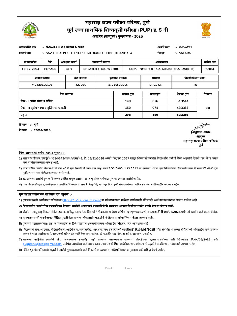 Swarali Scholarship Result | PDF