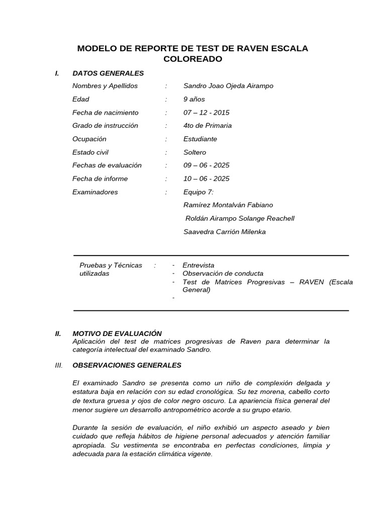 Modelo de Informe de Test de Raven Coloreado | PDF | Pensamiento ...