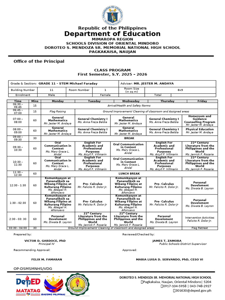 Class Program First Sem G11 STEM Michael Faraday | PDF | Philippines