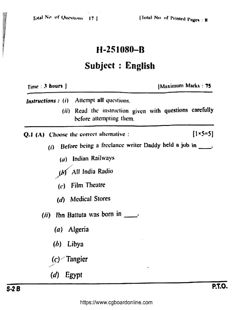 CG Board Class 10 English H 251080 B 2025 | PDF