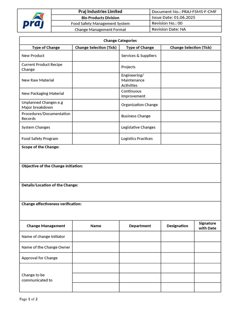 PRAJ FSMS F CMF Change Management Format | PDF