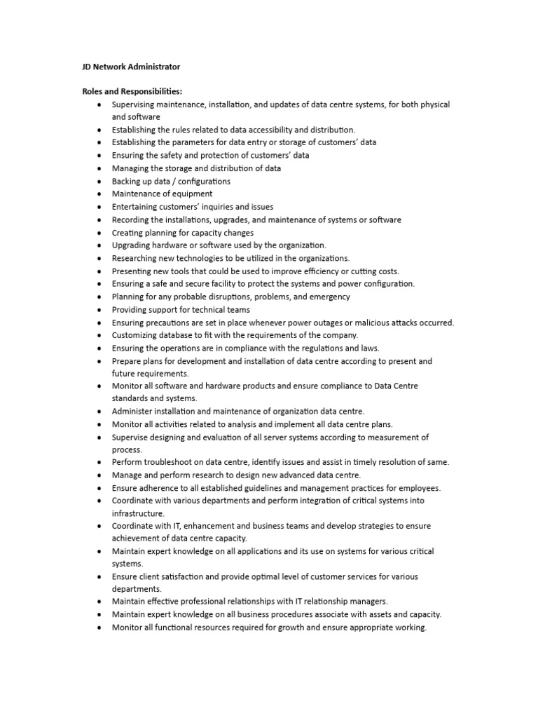 JD Network Administrator Role Overview | PDF | Data Center | Cisco ...