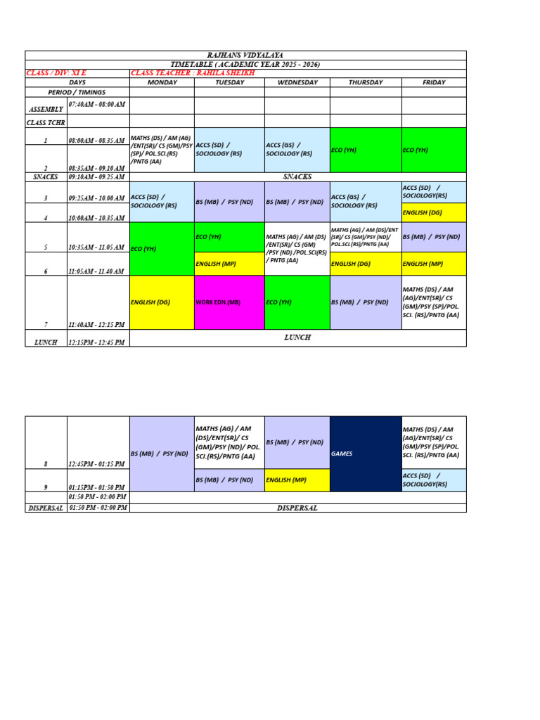 Xi e Time Table 25-26 | PDF