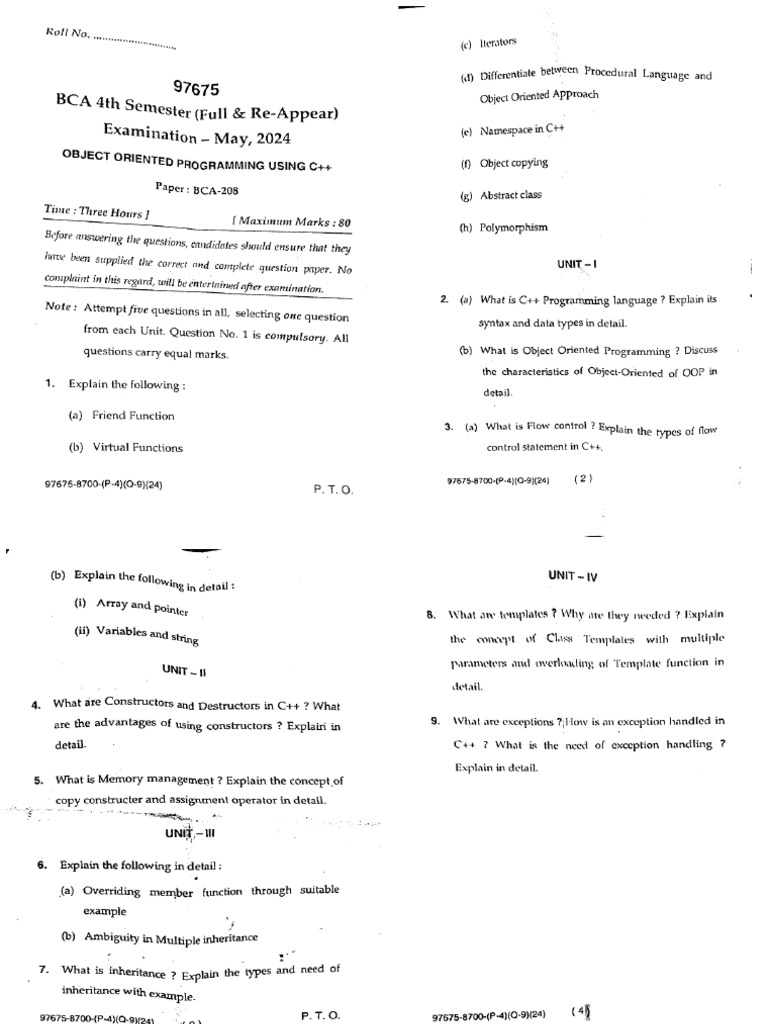 Bca 4 Sem Object Oriented Programming Using CPP 97675 May 2024 | PDF