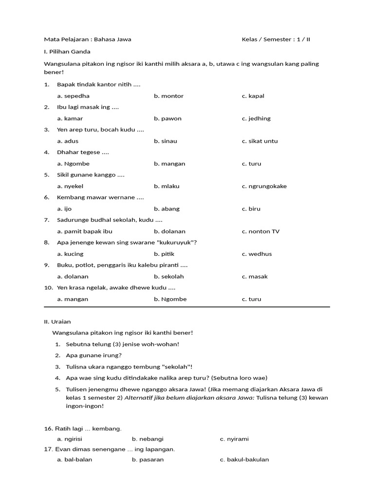 Latihan Soal B.jawa Kelas 1 SMT 2 | PDF