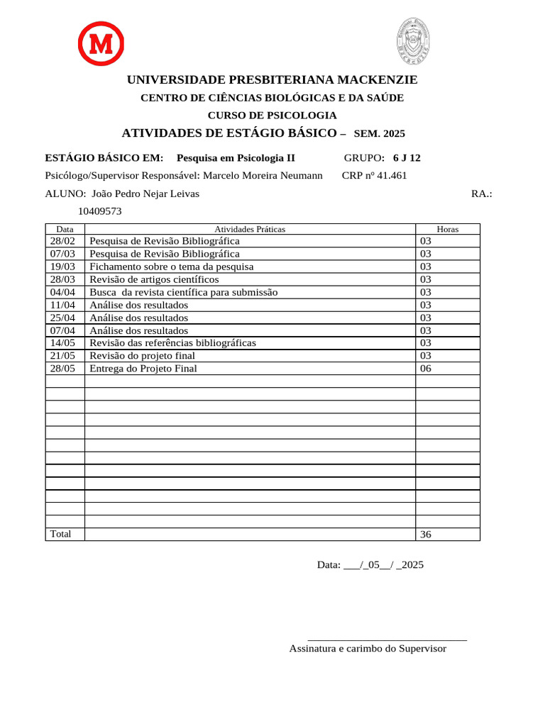 Ficha de Estágio Básico - 6 J Ii 1S25 | PDF