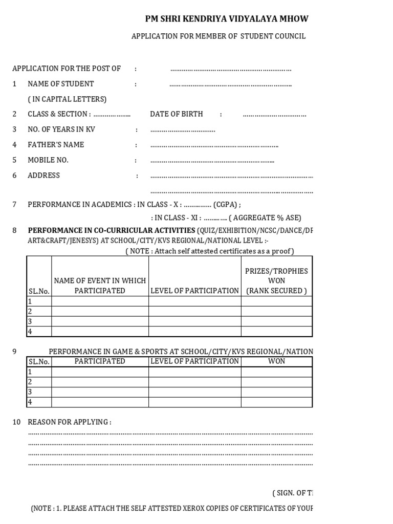 Student Council Form - XLSX KV MHOW | PDF