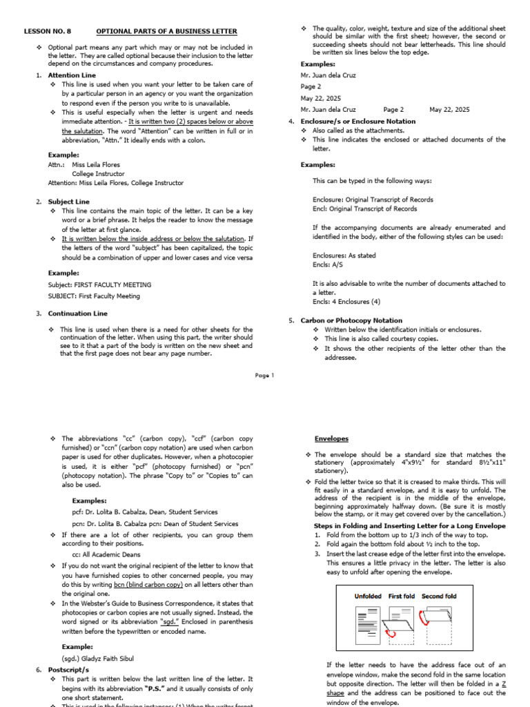 LESSON NO.8 Optional Parts of Business Letters | PDF | Envelope ...