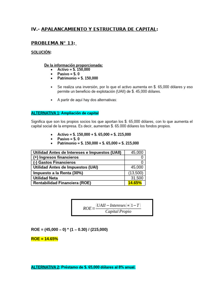 Desarrollo Ejercicios - ROI y ROE - 13!14!15 - 16 | PDF | Rentabilidad sobre recursos propios ...
