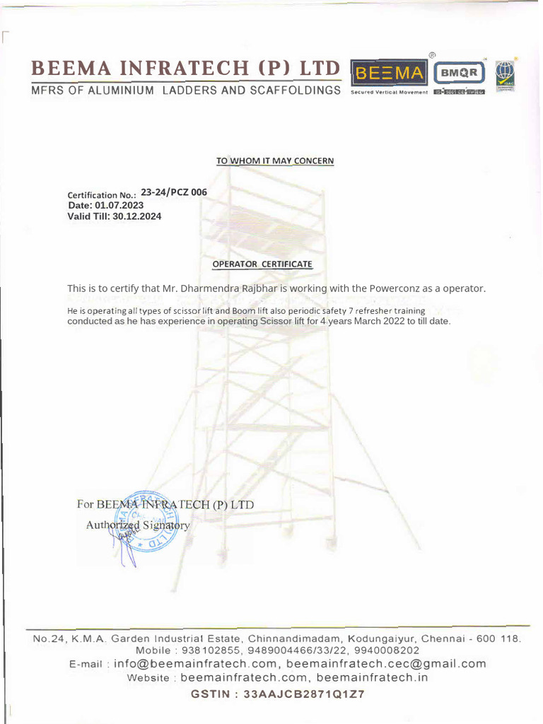 Dharmendra Rajbhar Scissor Lift Operator Certificate (1) | PDF