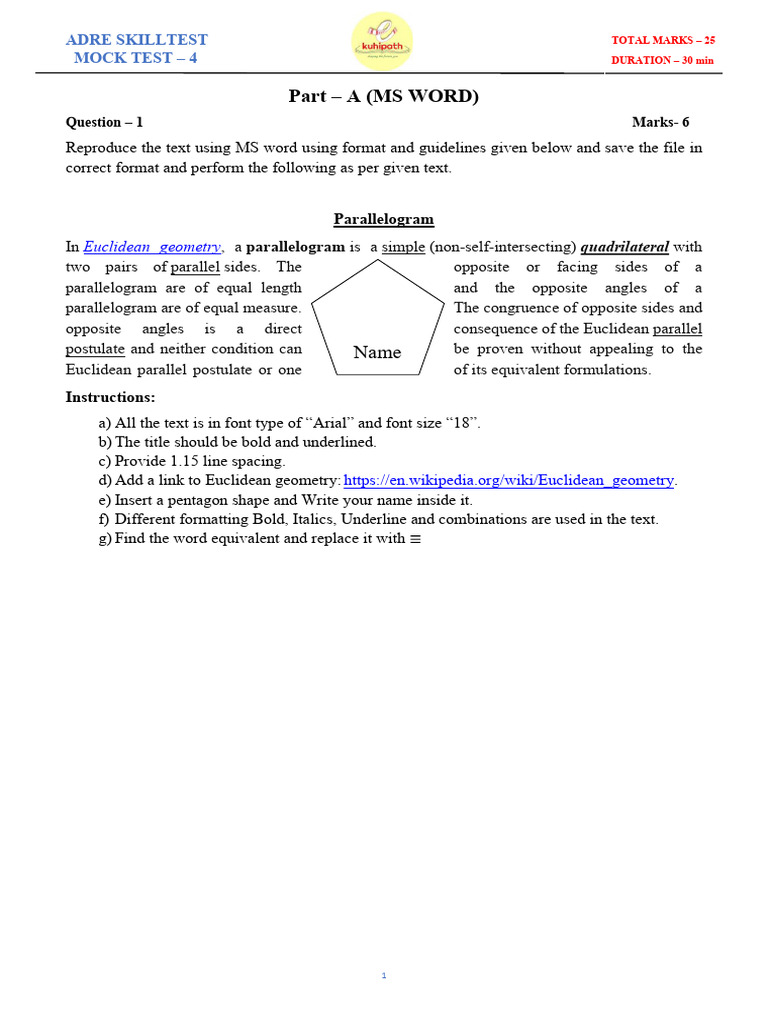 ADRE Skill Test: MS Office Mock Exam | PDF
