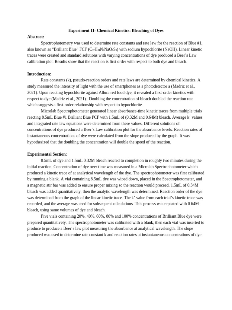 Experiment 11 Lab Report | PDF | Spectrophotometry | Chemical Kinetics