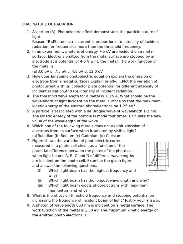 Dual Nature of Radiation WORKSHEET | PDF | Photoelectric Effect | Electronvolt