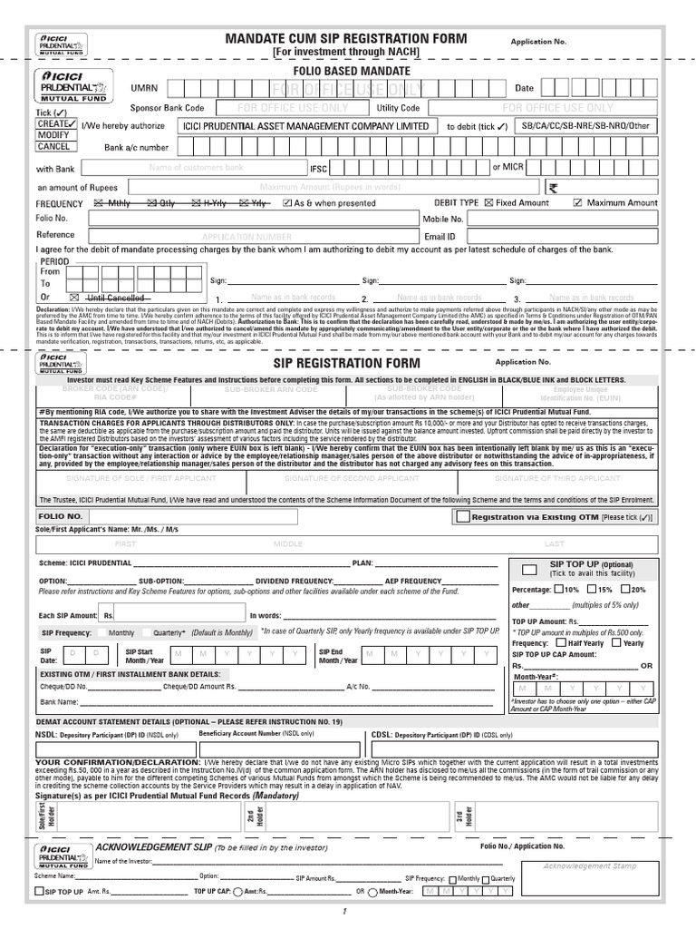 ICICI Prudential SIP Registration Form | PDF | Banks | Debit Card