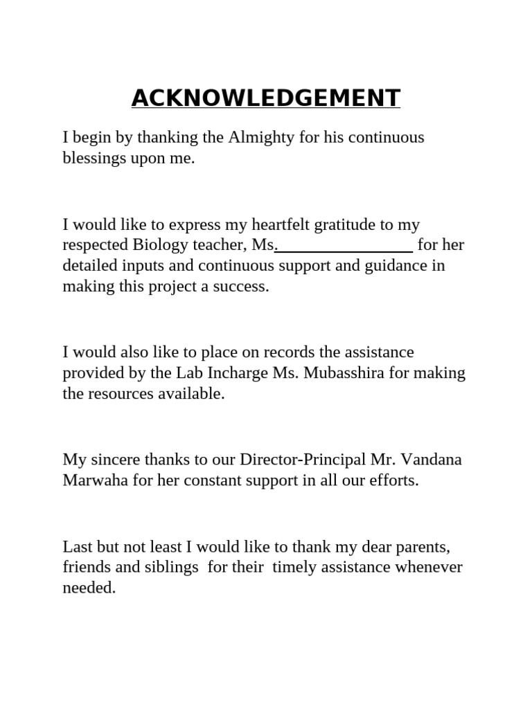 Acknowledgement Bio Project Pdf
