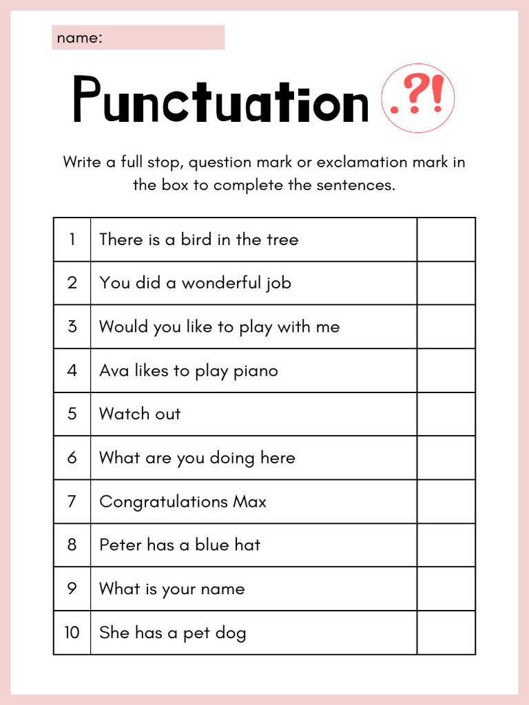 Pink Red Minimalist Punctuation Sentences English Writing Worksheet | PDF