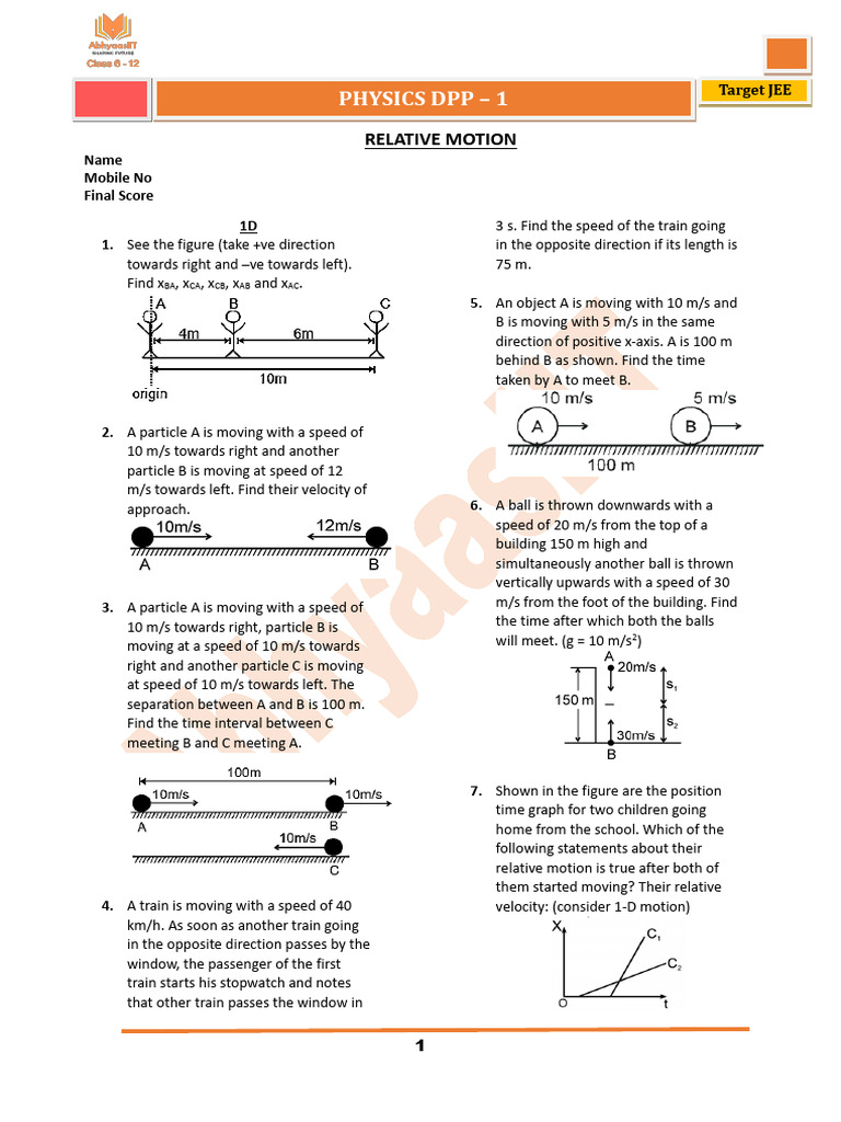 Class 11 Target JEE Physics DPP 1 | PDF | Speed | Velocity