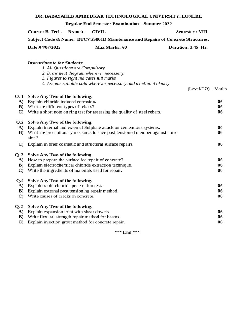 Concrete Maintenance Exam Questions | PDF