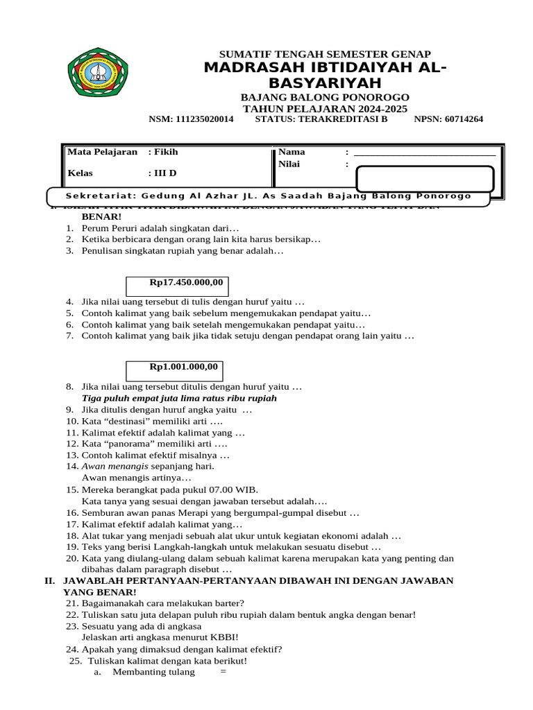 Pts Genah Fikih Tik 3 Qurdist 4 | PDF