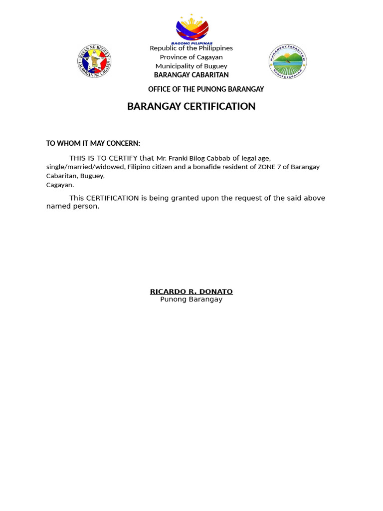 Barangay Certificate | PDF