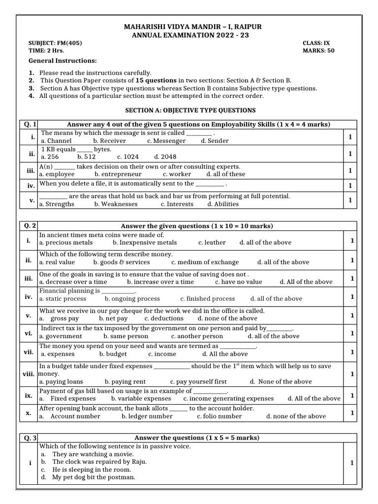 Class IX FM Exam Paper 2022-23 | PDF | Interest | Expense