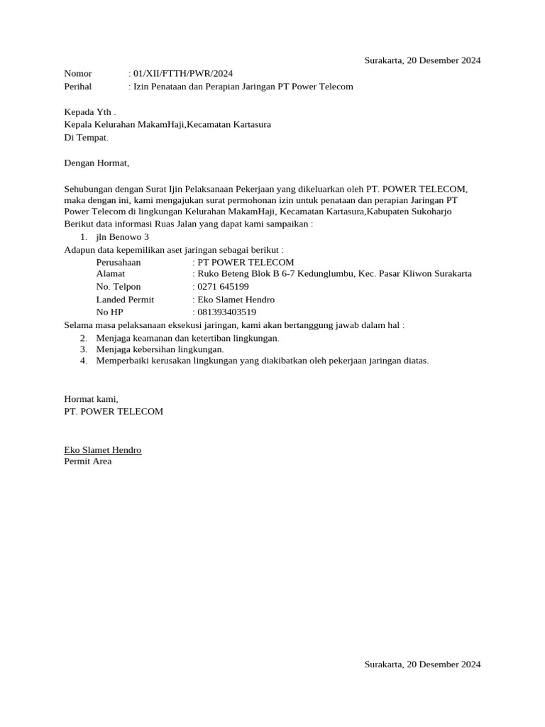 Izin Penataan Jaringan PT Power Telecom | PDF
