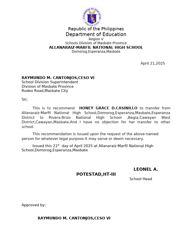 Transfer Recommendation for Honey Grace D. Casinillo | PDF