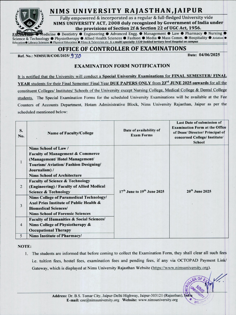 930 Exam Form Special University Examination Due Final | PDF