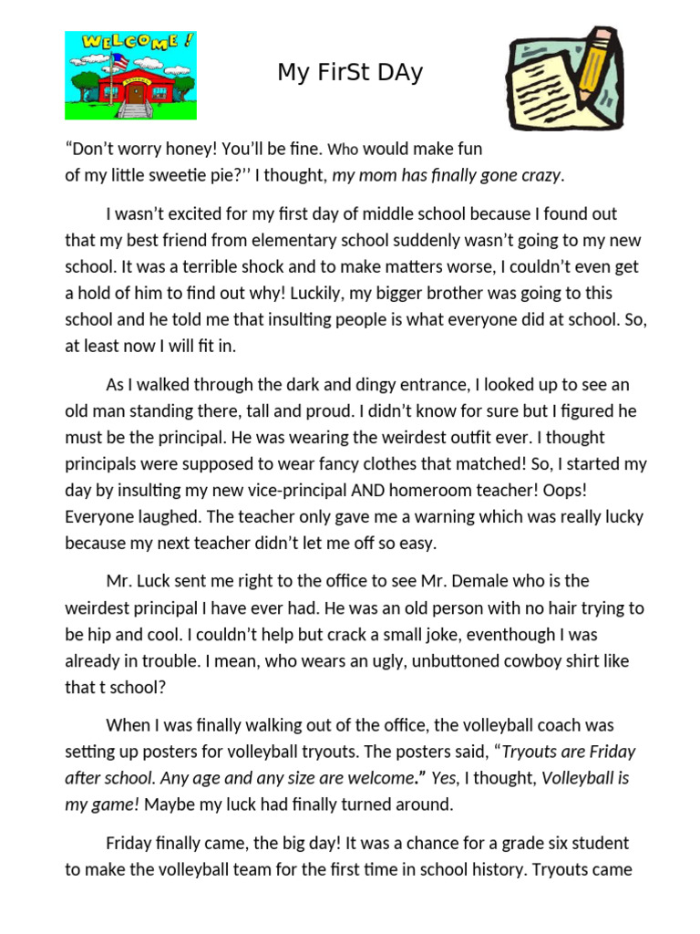 My First Day Short Story Sample | PDF