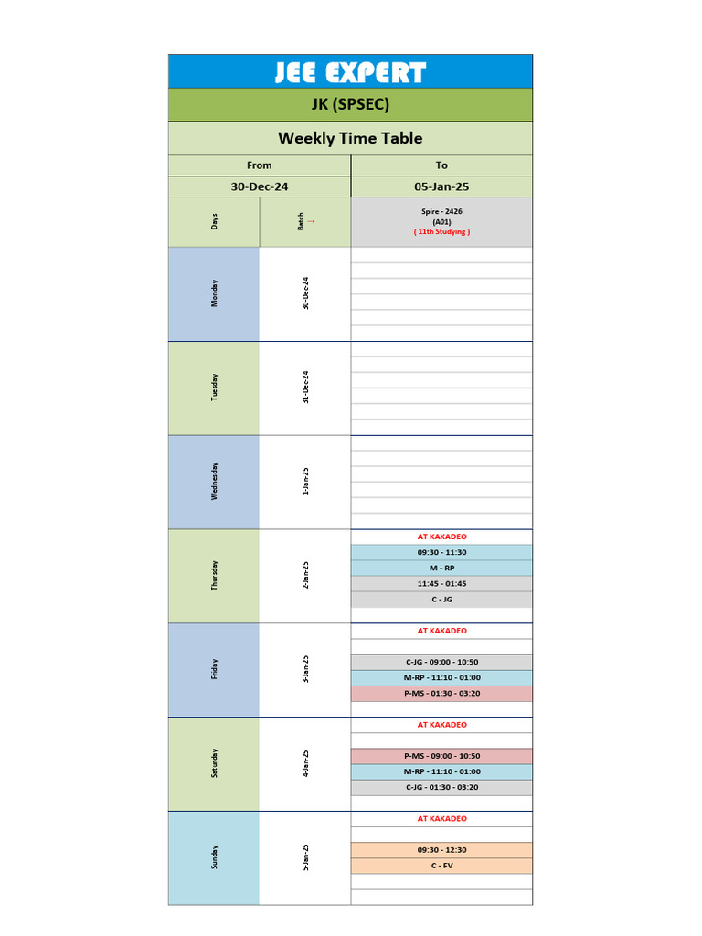 Timetable For Jee Mains and Advance Day To Day | PDF