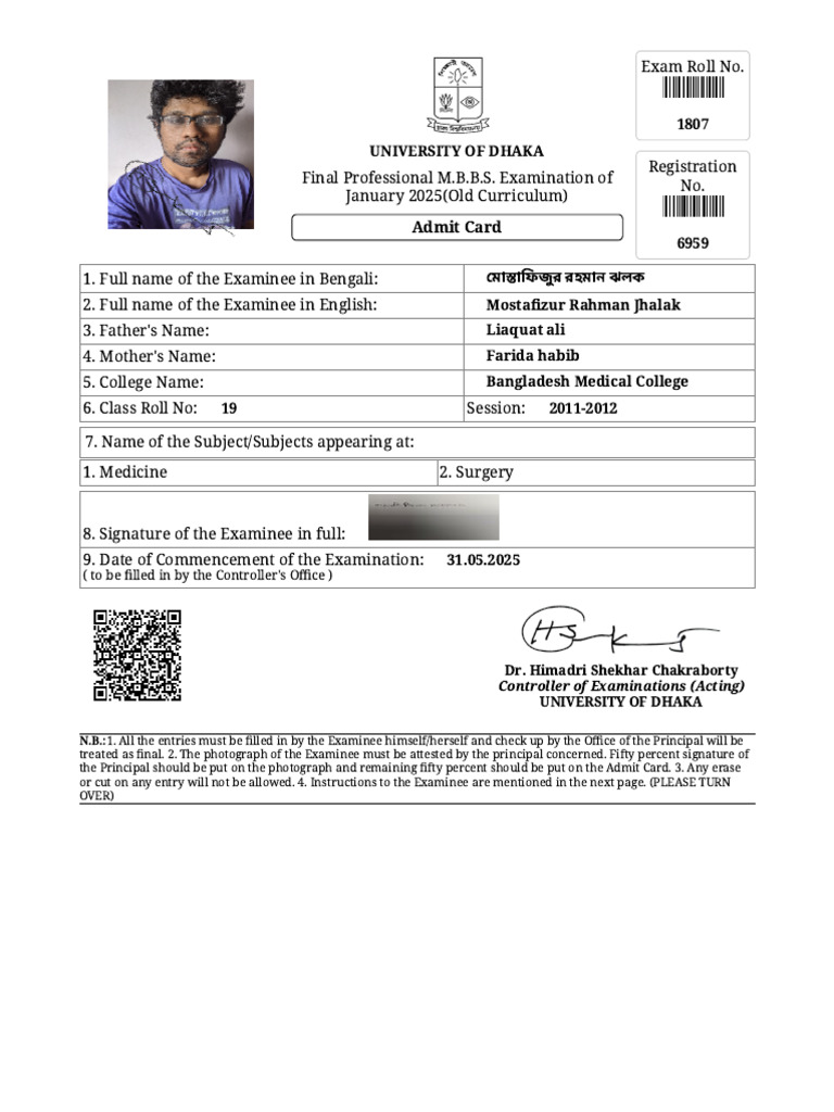 DU MBBS Exam Admit Card Instructions | PDF