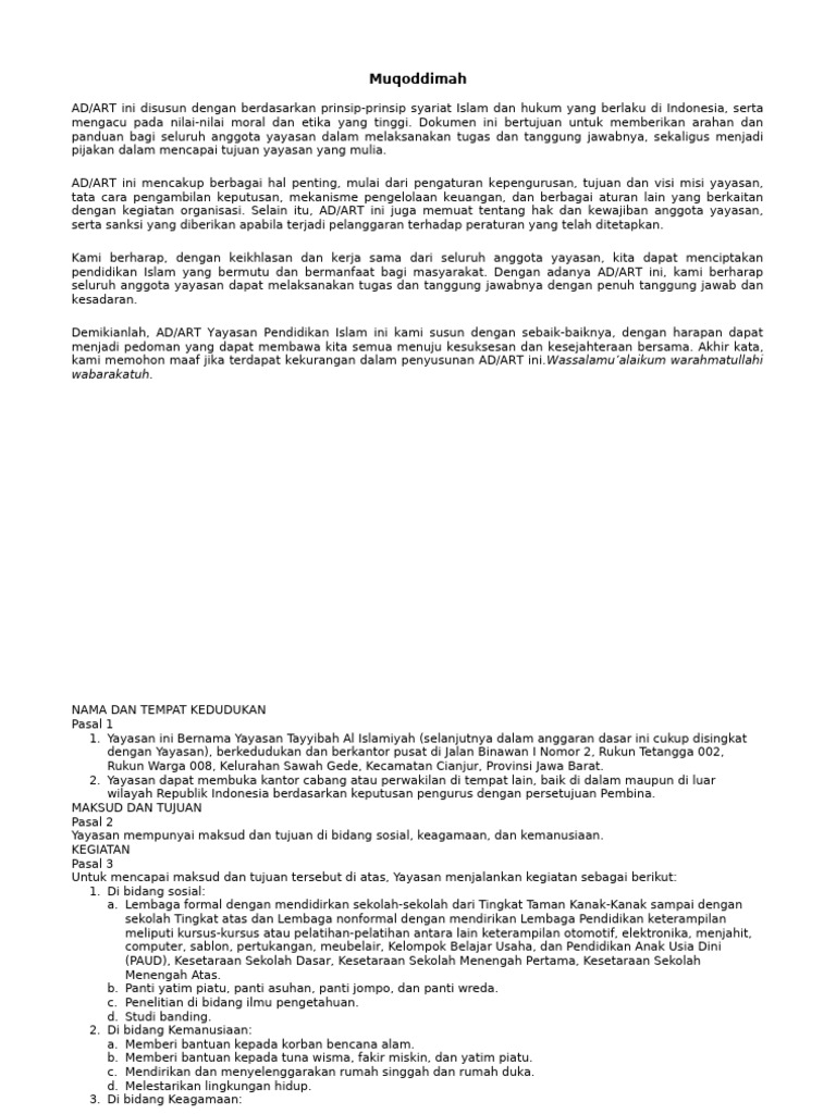 AD/ART Yayasan Pendidikan Islam | PDF