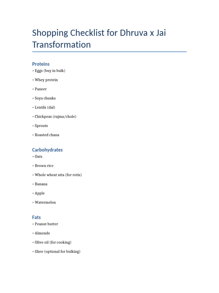 Shopping Checklist Dhruva Jai Transformation | PDF